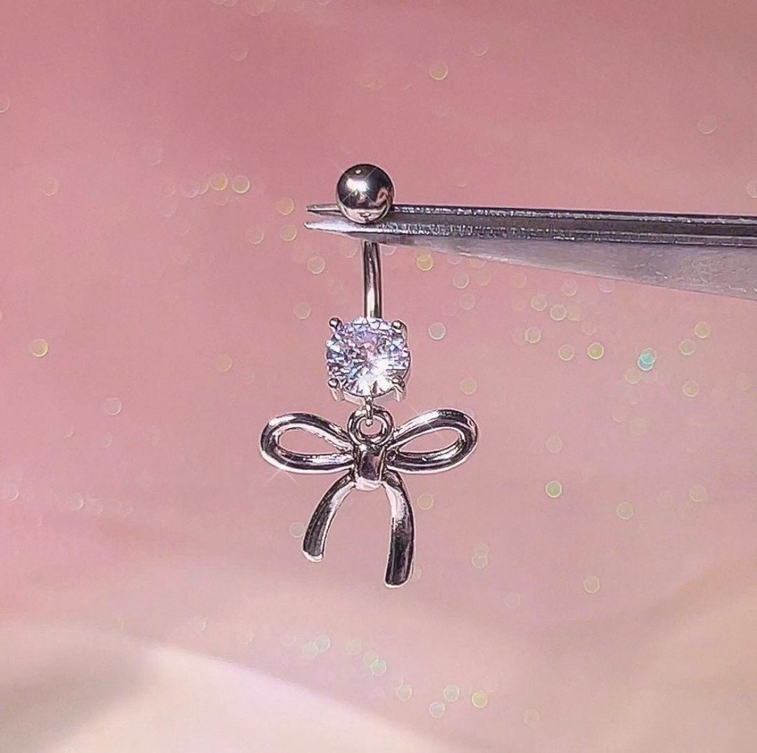 Bow Aesthetic Belly Button Ring | Cute Silver Navel Piercing Bar, Y2k ...