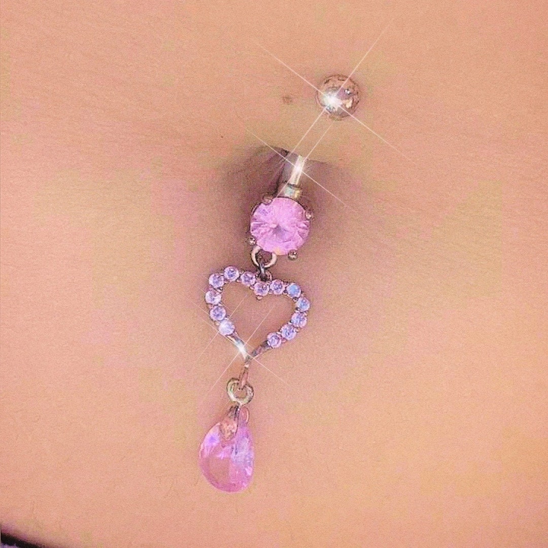 Sparkly Heart Dangle Belly Button Ring Gold Navel Piercing - Etsy