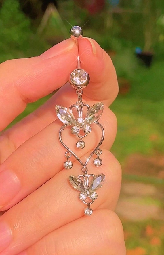 Sparkly Silver Butterfly Belly Button Ring Y2K Sparkly Body Jewelry Navel Piercing Statement Belly Bar 10MM 14G NOVAXCO Etsy