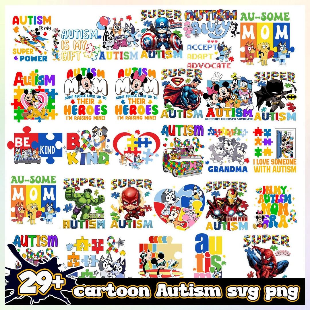Cartoon Characters Autism Awareness PNG Bundle, Autism Puzzle Png ...