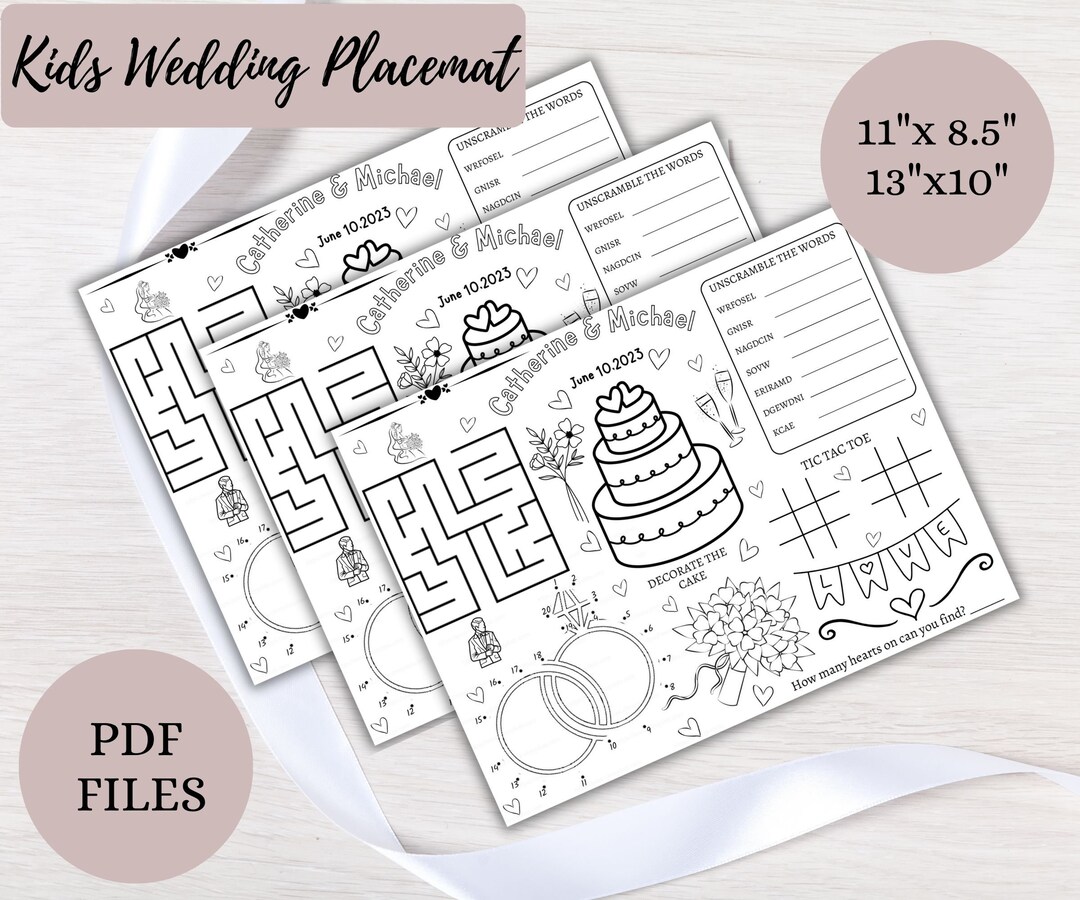 Kids Wedding Activity Placemat Games and Coloring, Children's Printable ...