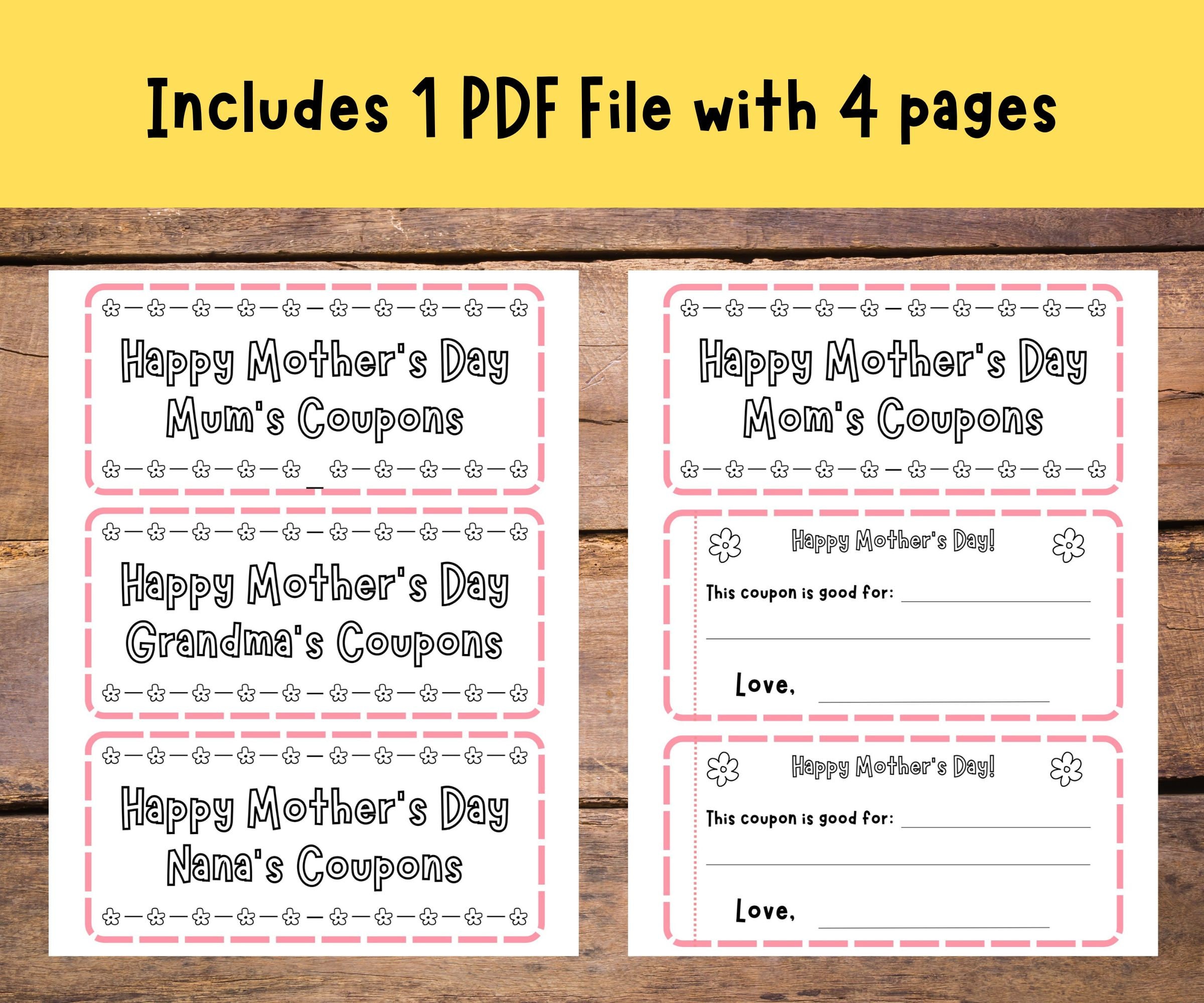 Printable Mother's Day Coupon Booklet, Handmade Gift for Mom, Blank ...
