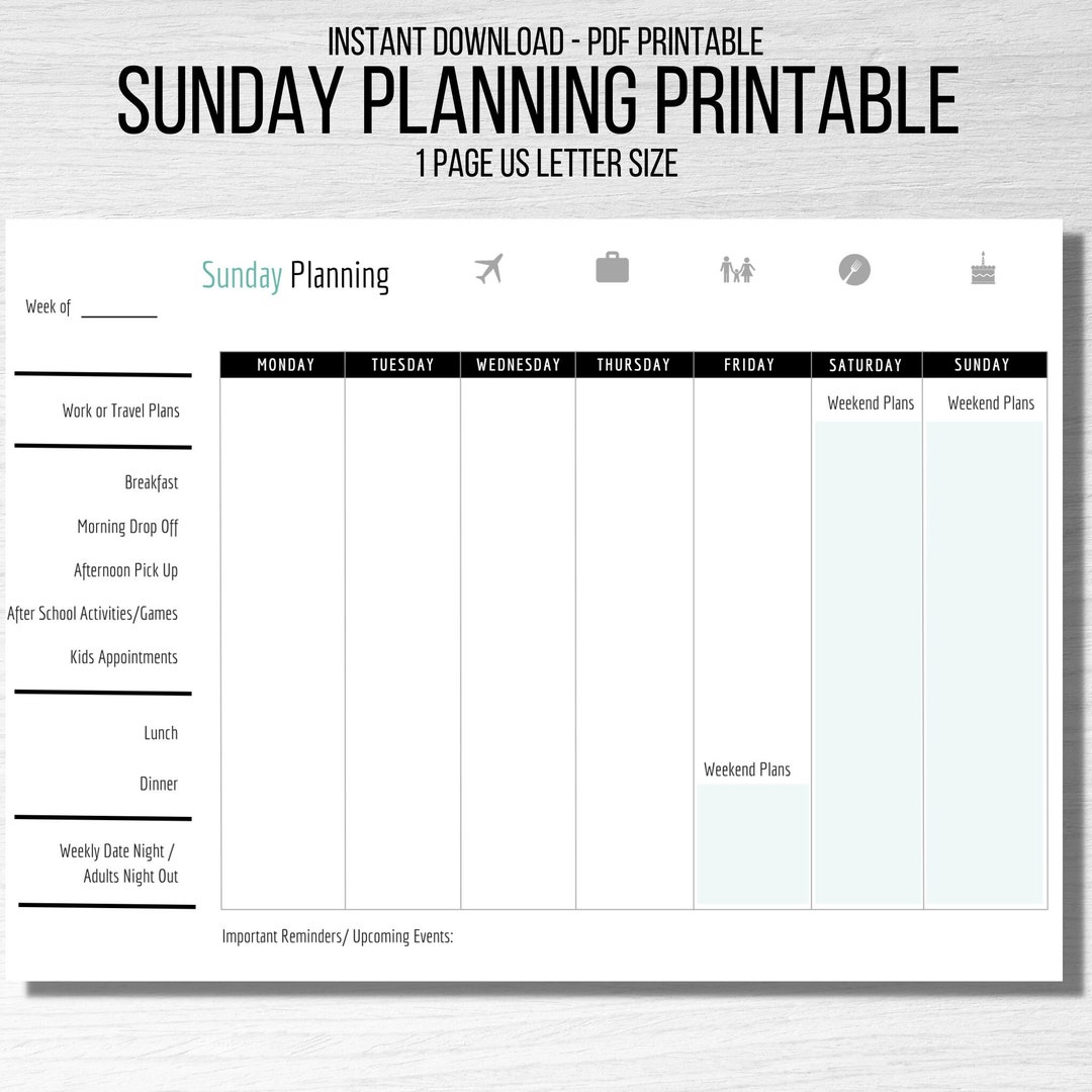 Sunday Planning Printable Instant Download PDF - Etsy