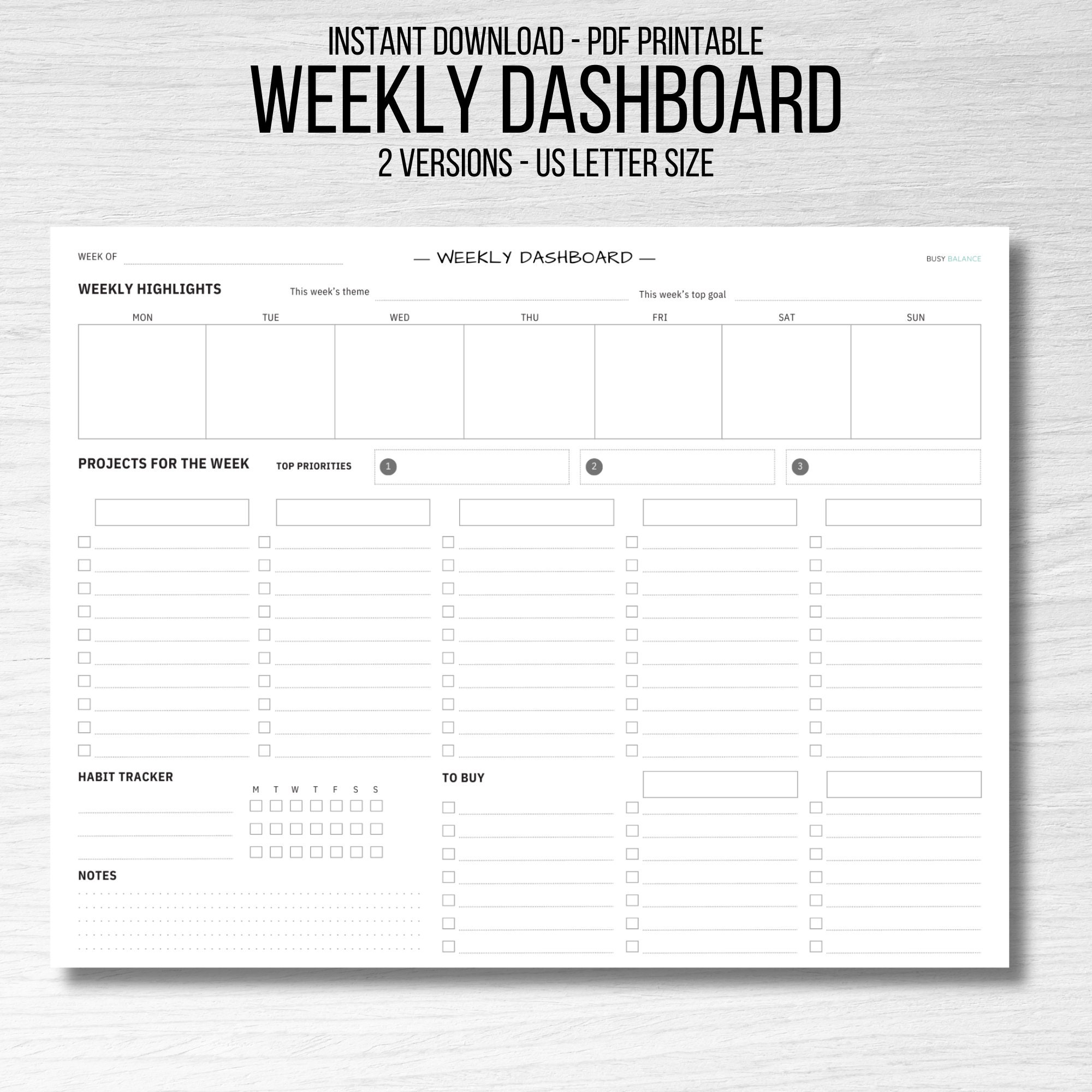 Weekly Dashboard Planner PDF instant Download - Etsy