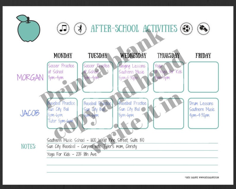 AFTER-SCHOOL SCHEDULE Printable for 2 Kids Instant Download - Etsy