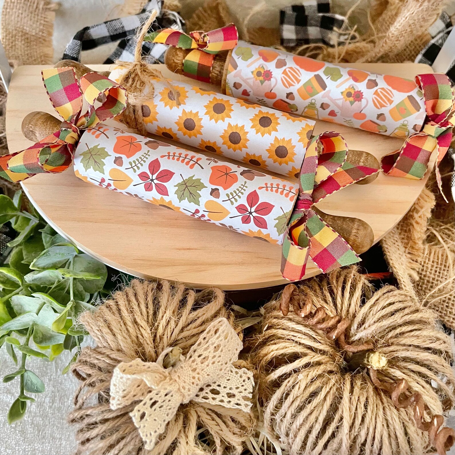 Mini Wood Rolling Pin Fall Autumn Leaves Sunflowers Apples Carmel ...