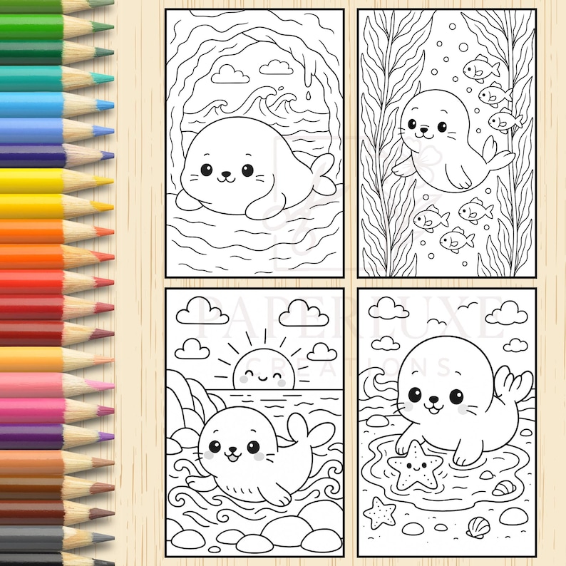 Kawaii Seal Coloring Pages | 20 Printable Digital Download | Cute Seal ...