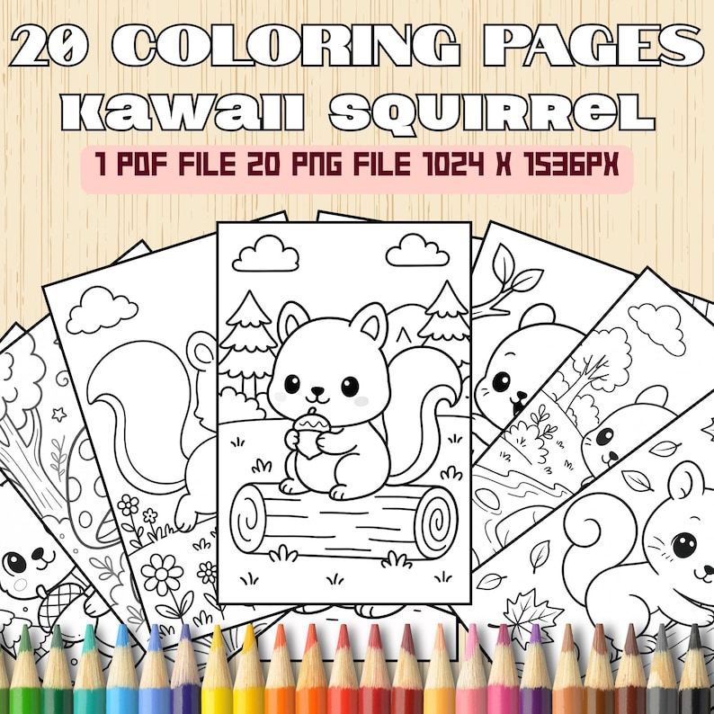 Kawaii Squirrel Coloring Pages | 20 Printable Digital Download | Cute ...