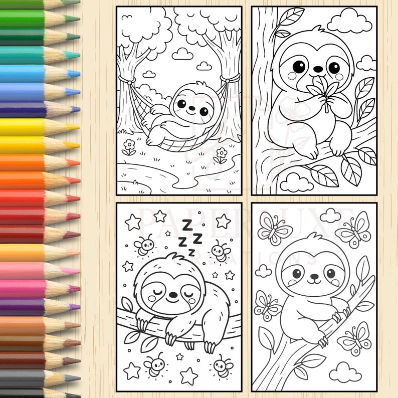 Kawaii Sloth Coloring Pages | 20 Printable Digital Download | Cute ...