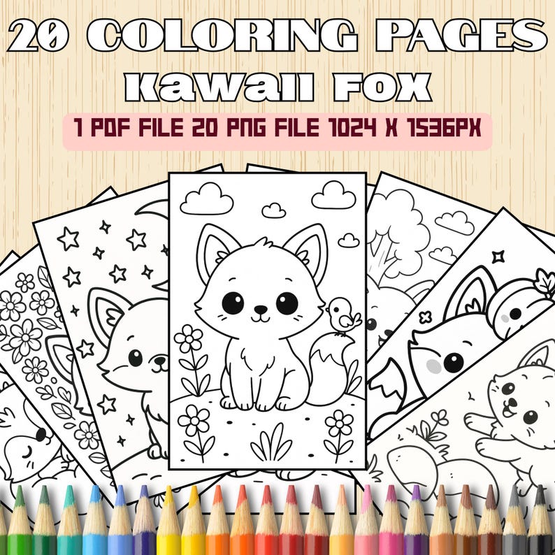Kawaii Fox Coloring Pages | 20 Printable Digital Download | Cute Fox ...