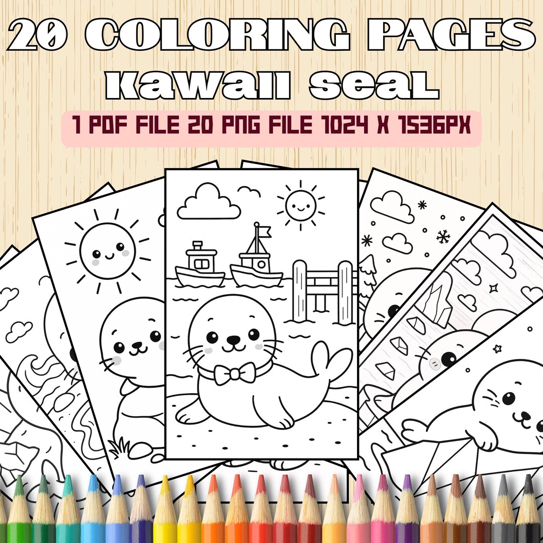 Kawaii Seal Coloring Pages | 20 Printable Digital Download | Cute Seal ...