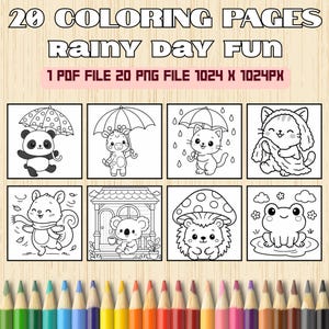 Kawaii Rainy Day Fun Coloring Pages | 20 Cute Animal Umbrella ...