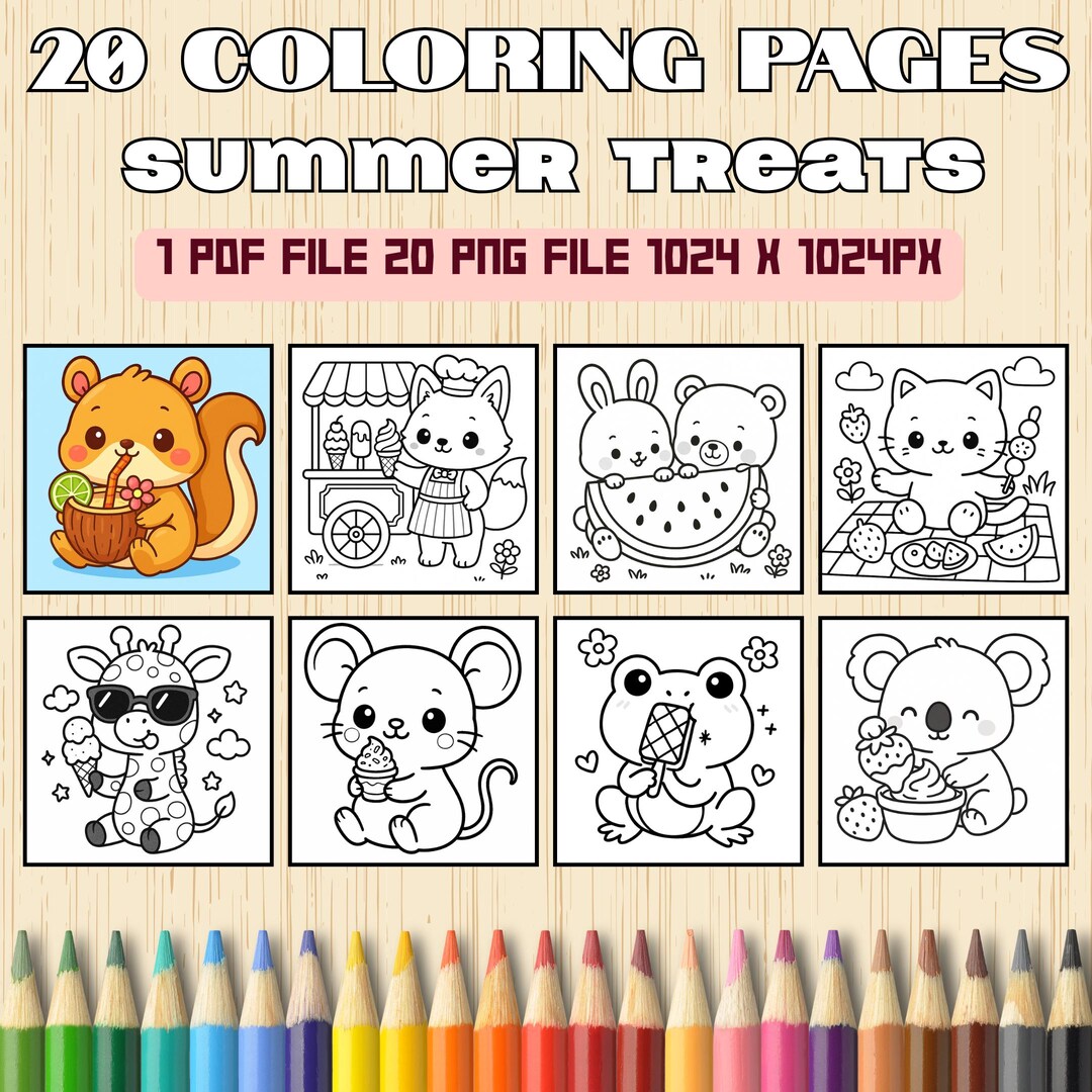 Summer Treats Coloring Pages | 20 Cute Animal Ice Cream & Fruit Designs ...