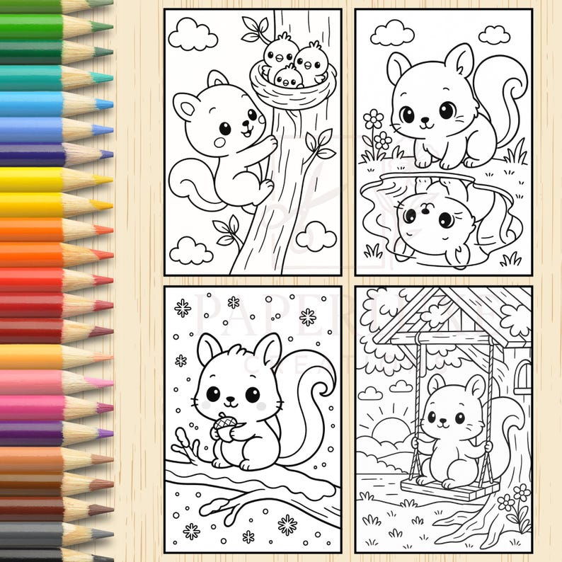 Kawaii Squirrel Coloring Pages | 20 Printable Digital Download | Cute ...