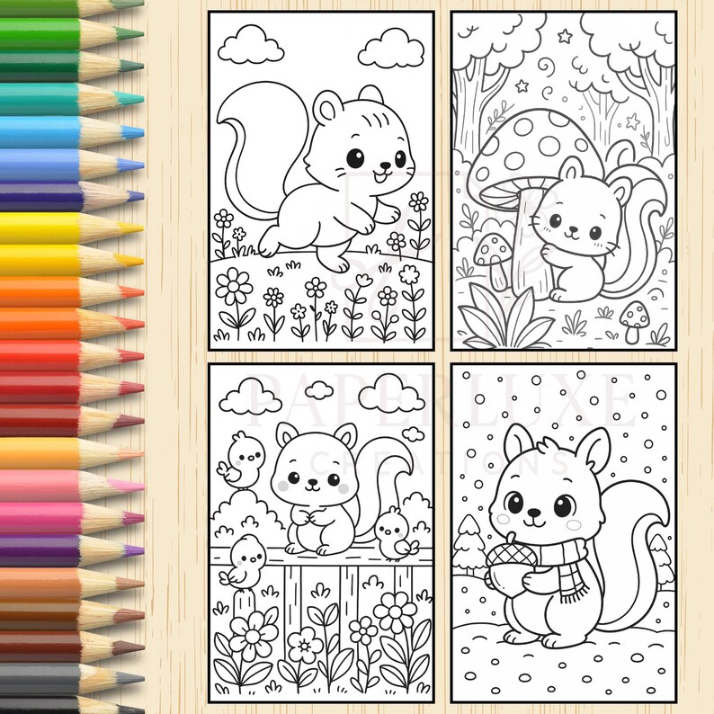 Kawaii Squirrel Coloring Pages | 20 Printable Digital Download | Cute ...