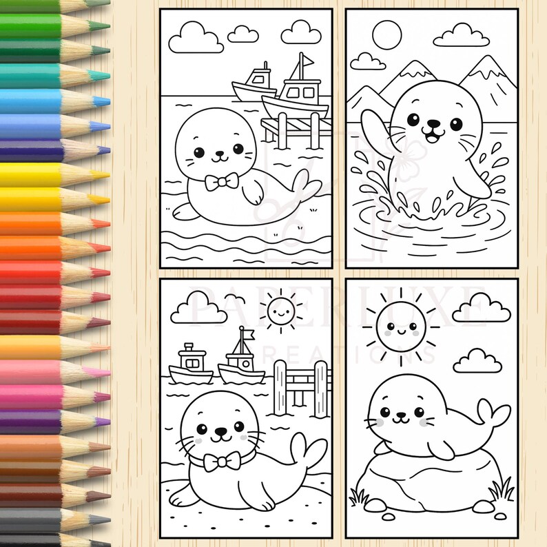 Kawaii Seal Coloring Pages | 20 Printable Digital Download | Cute Seal ...