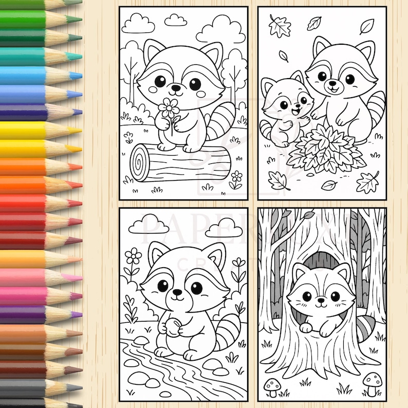 Kawaii Raccoon Coloring Pages | 20 Printable Digital Download | Cute ...