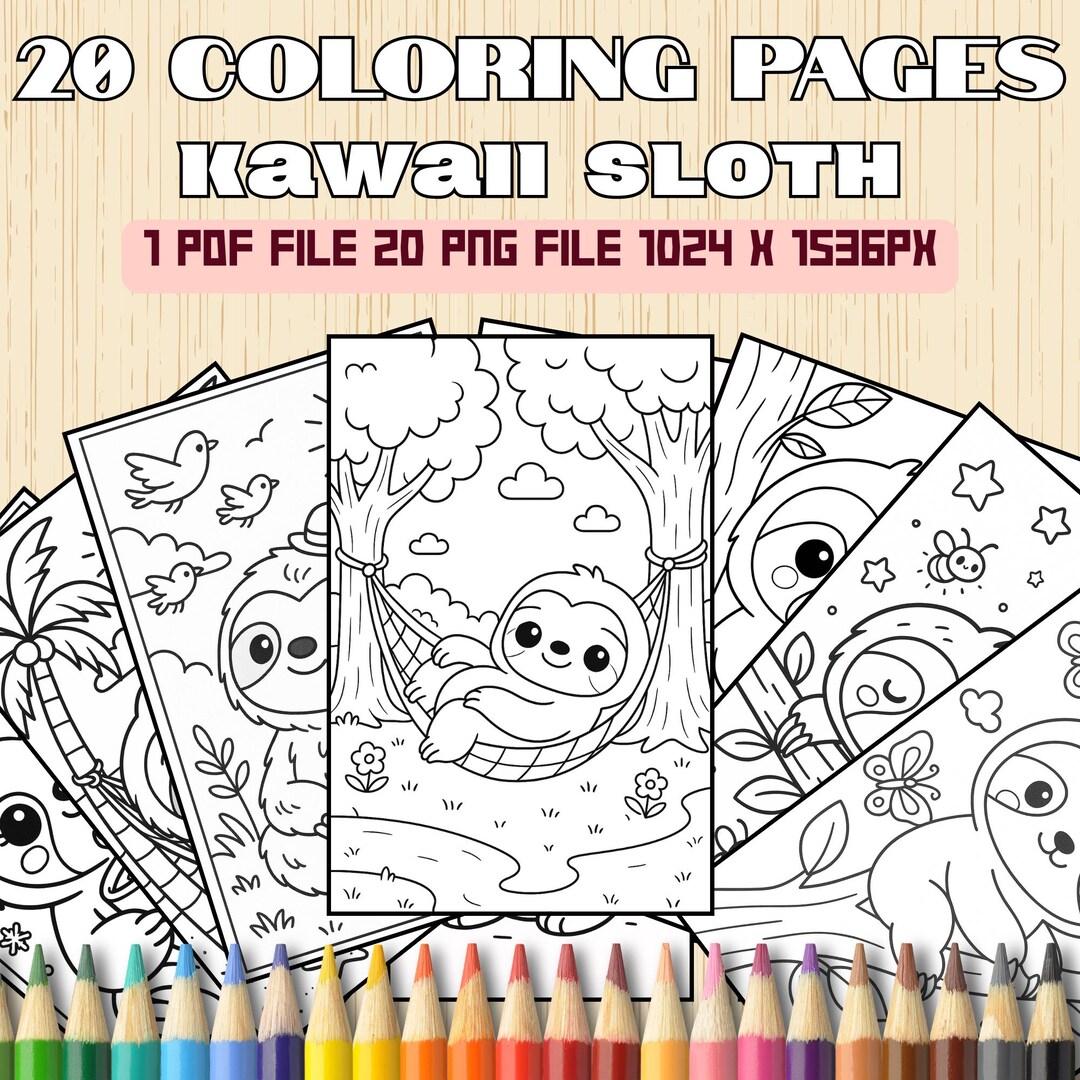 Kawaii Sloth Coloring Pages | 20 Printable Digital Download | Cute ...