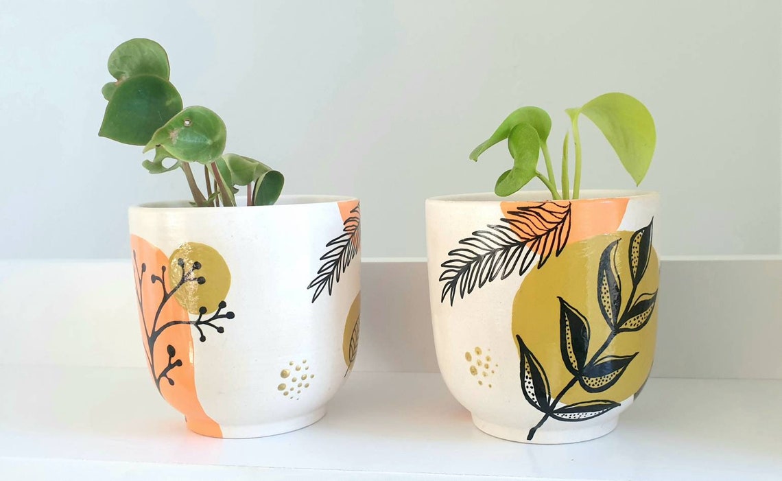 Modern Pot Set of 2, Indoor Pots, Handpainted, Decorated Pot, Orange ...
