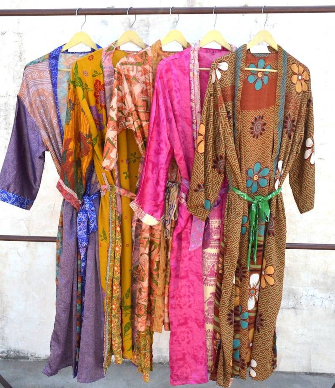 5 Piece Handmade Silk Kimono Robe Long Silk Kimono Robe Floral Kimono ...
