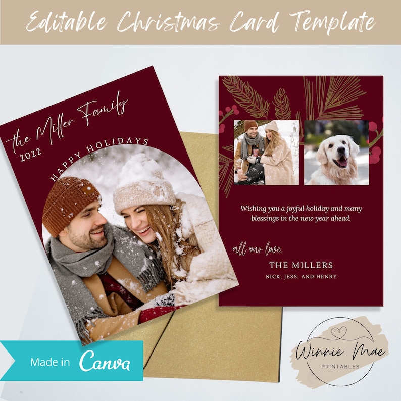 Editable Christmas Card Template for Canva, Personalized Double-sided ...