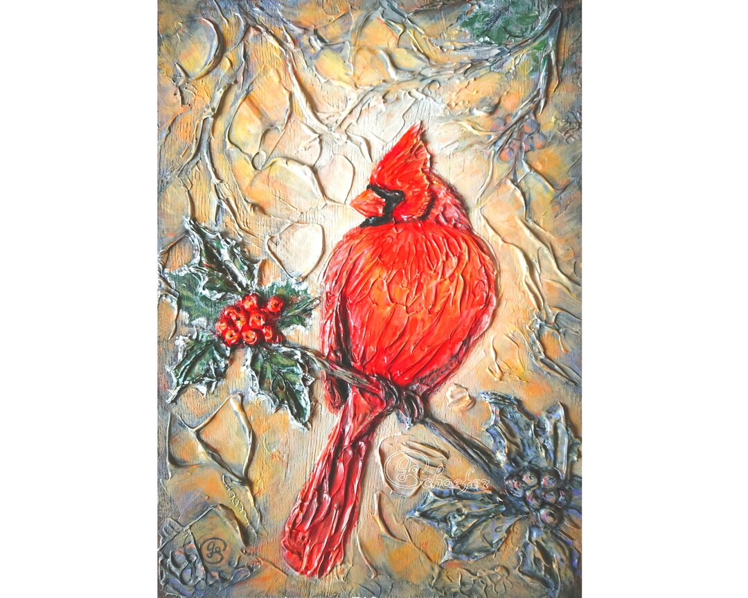 Cardinal Painting Bird Original Art Impasto Cardinals Artwork Wild ...