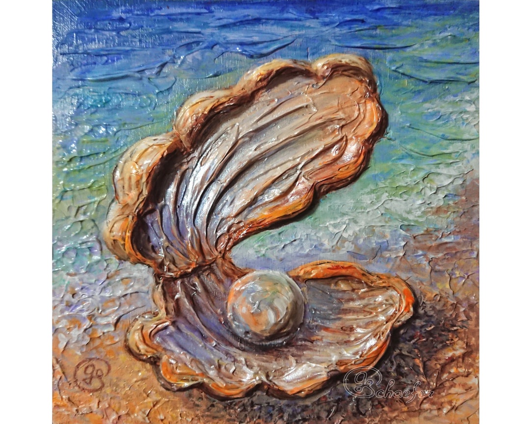 Seashell Painting Shell Original Art Mussel Artwork Impasto Pearl Beach ...