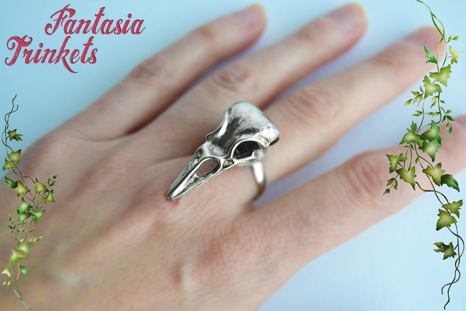 Bird Skull Ring Antique Silver Raven Skull Charm on - Etsy