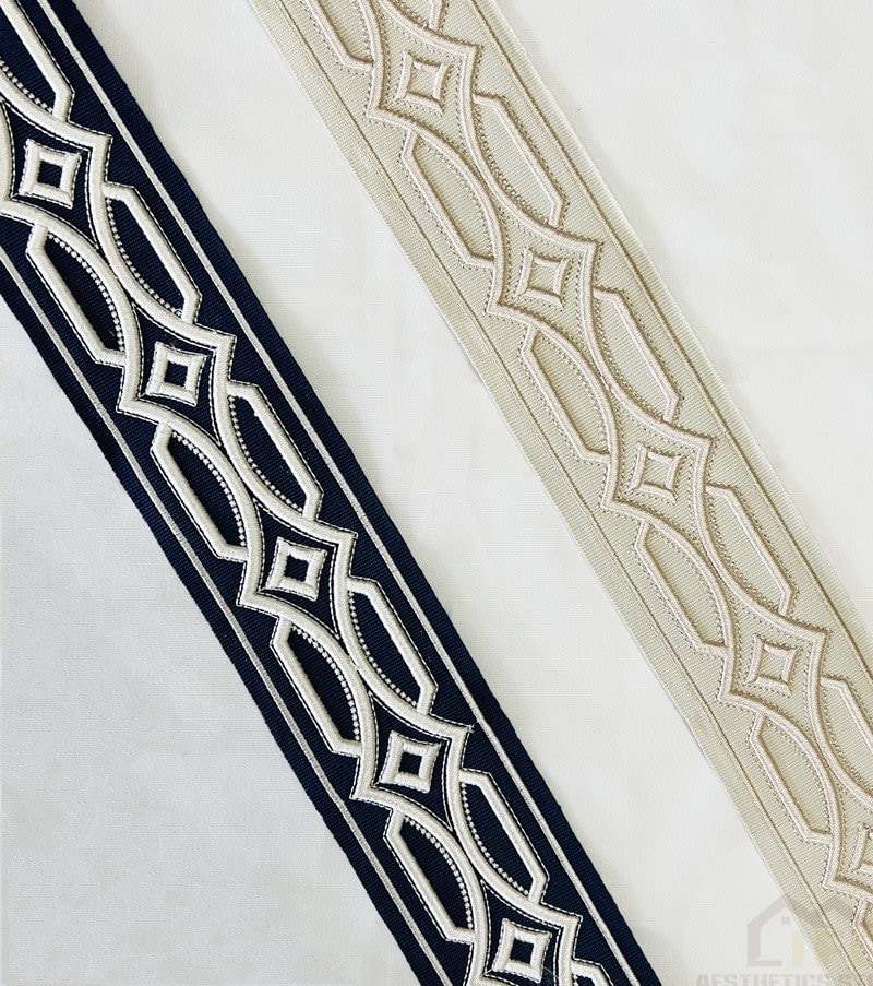Beige Navy Drapery Trim, 2.9" 7.5cm Trimtape,embossment Fabric Trim for ...