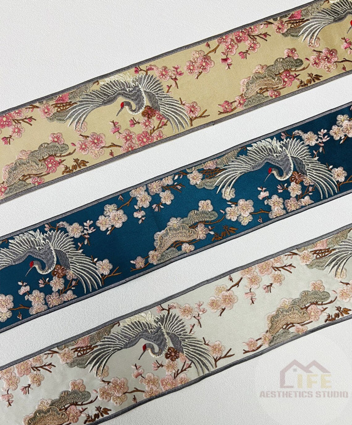 Red-crowned Crane Satin Trim Tape , 3.7"width Embroidery Trim Tape ...