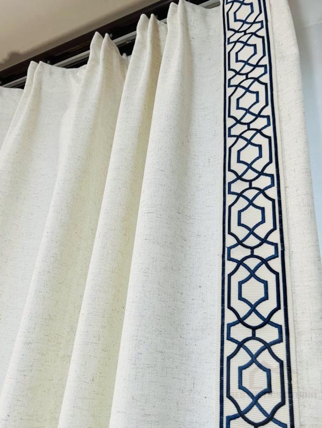 Navy Blue Trim White Linen Curtains, Thick Linen Curtain With ...