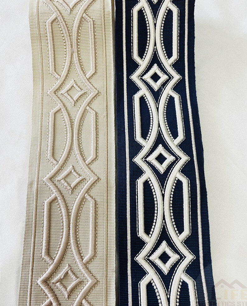 Beige Navy Drapery Trim, 2.9" 7.5cm Trimtape,embossment Fabric Trim for ...