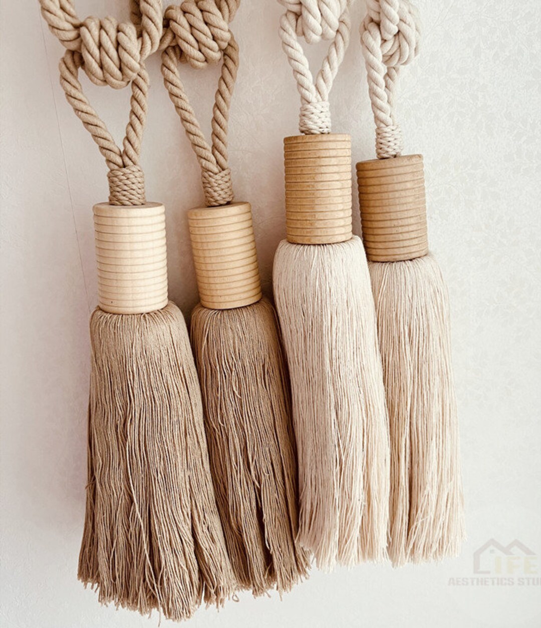 A Pair Cotton Linen Macrame Tie Back Boho Curtain Ties Wood Cap Curtain ...
