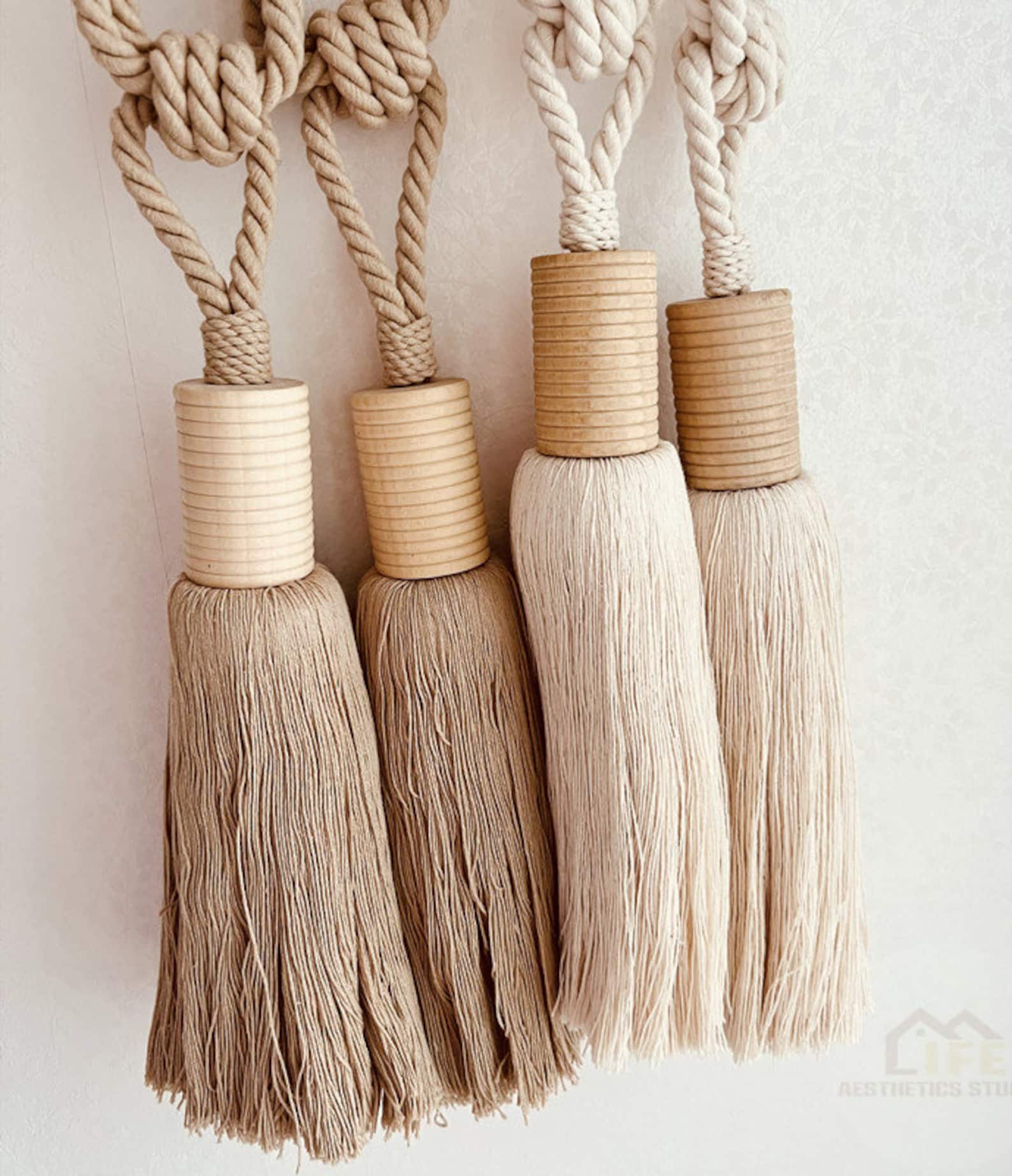 A Pair Cotton Linen Macrame Tie Back Boho Curtain Ties Wood Cap Curtain ...