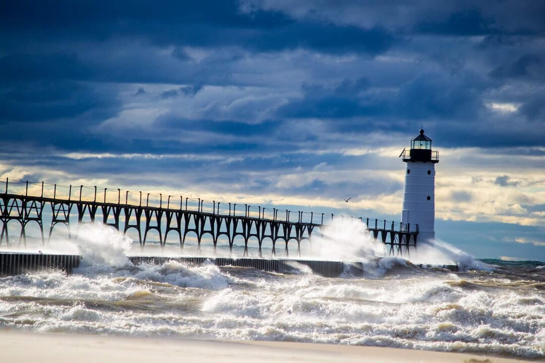 Lighthouse Photography, Manistee Michigan Lighthouse During Windstorm ...