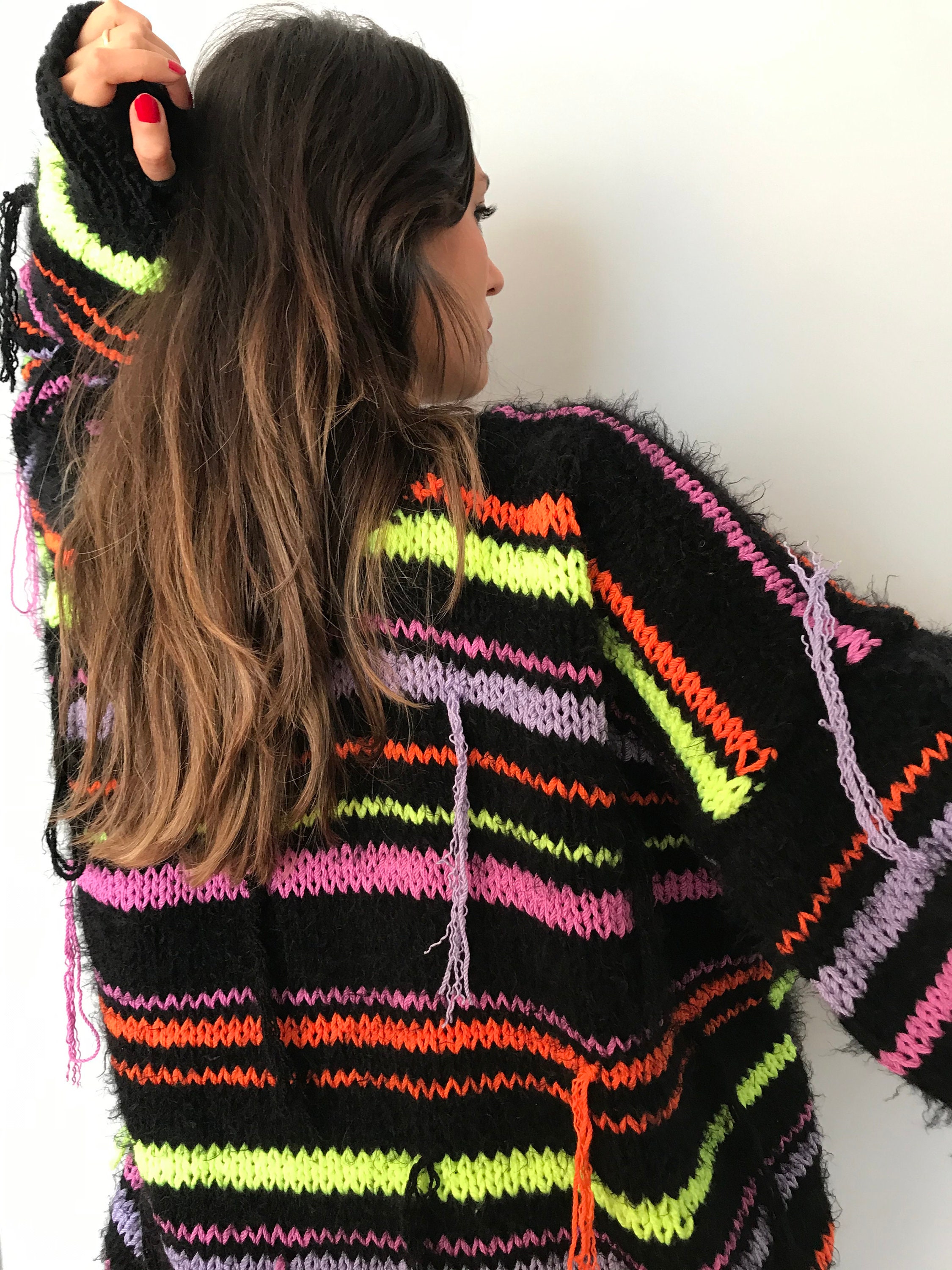 Neon Oversize Sweater, Hand Knit Sweater, Striped Sweater, Black ...
