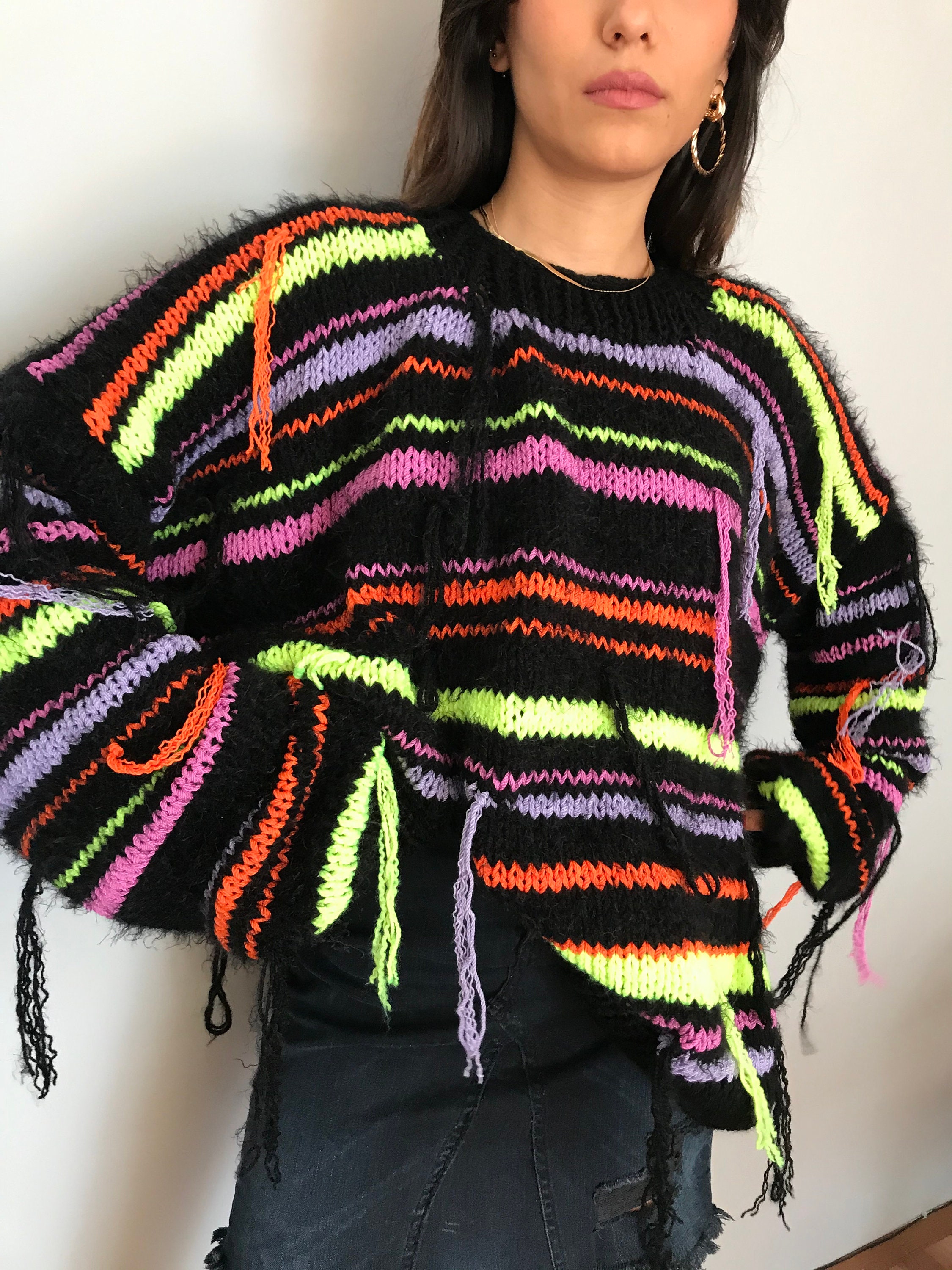 Neon Oversize Sweater Hand Knit Sweater Striped Sweater - Etsy