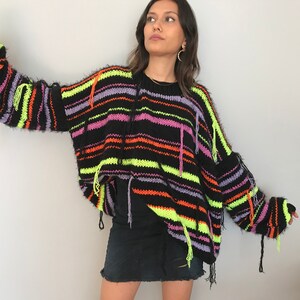 Neon Oversize Sweater, Hand Knit Sweater, Striped Sweater, Black ...