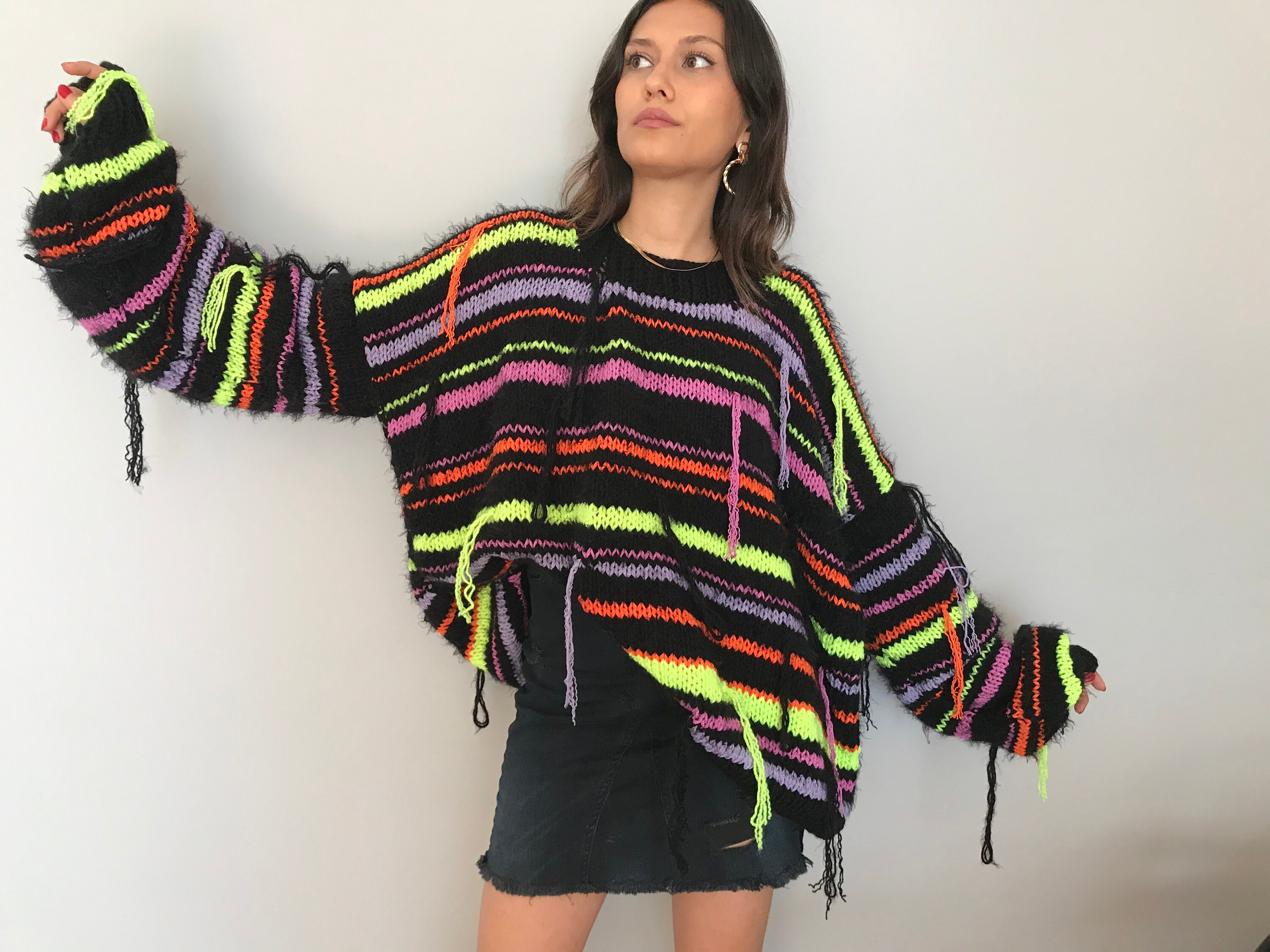 Neon Oversize Sweater Hand Knit Sweater Striped Sweater - Etsy
