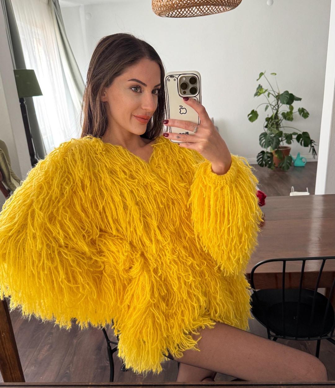 Yellow Fringe Coat Shaggy Jacket Puffy Coat Knit Yellow Coat Handmade ...