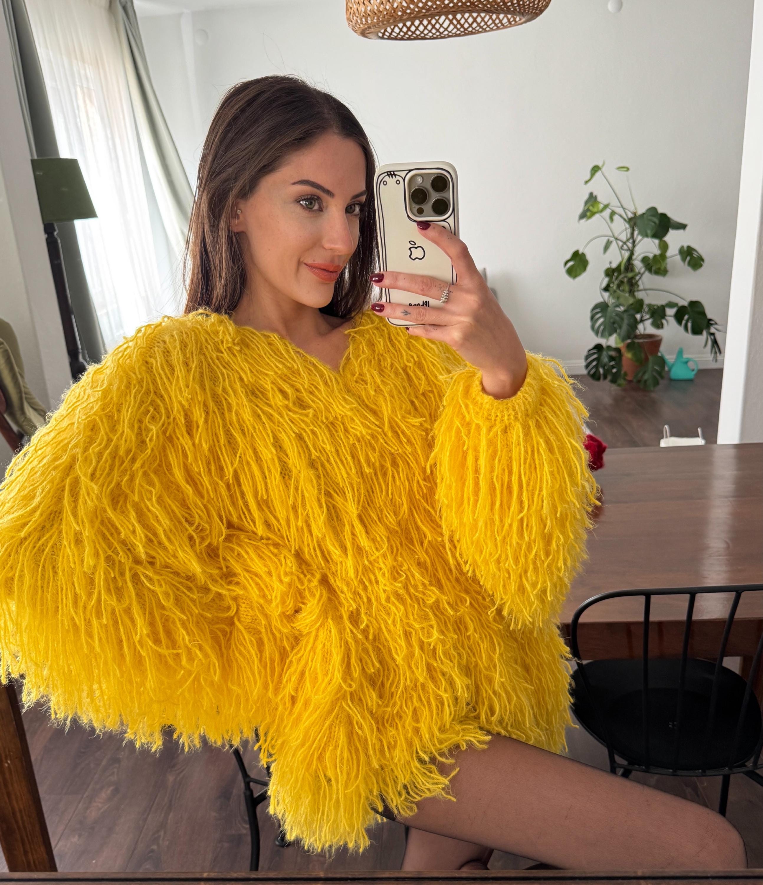 Yellow Fringe Coat Shaggy Jacket Puffy Coat Knit Yellow Coat Handmade ...