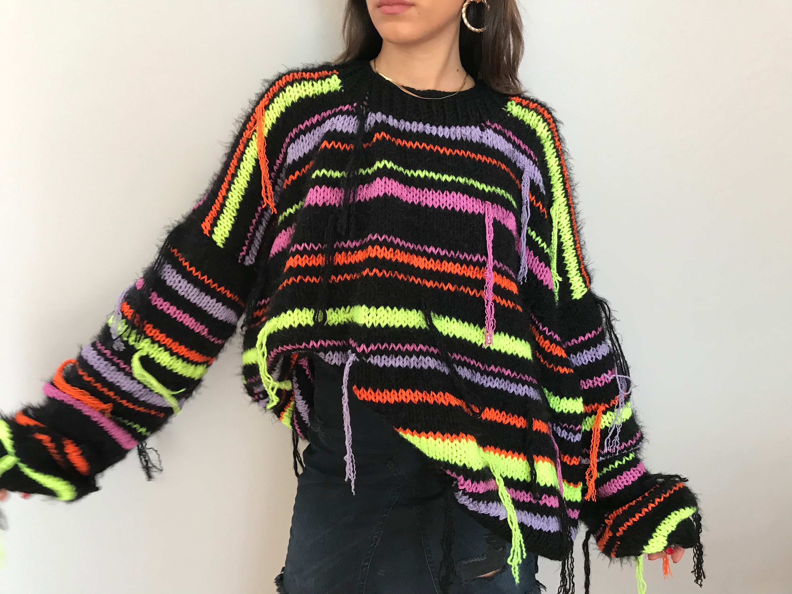 Neon Oversize Sweater, Hand Knit Sweater, Striped Sweater, Black ...