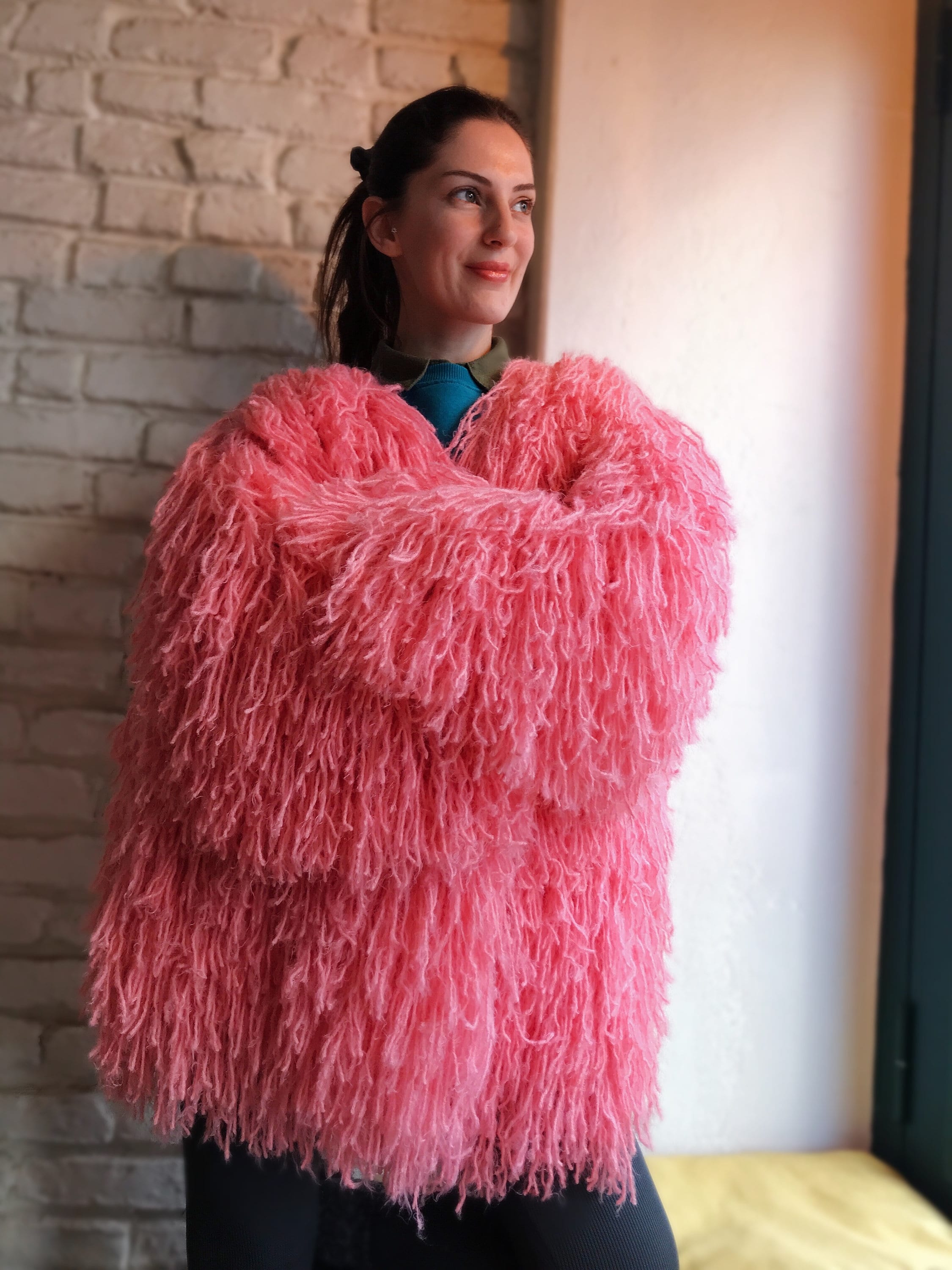 Pink Fringe Coat, Boho Coat, Hand Knit Cardigan, Shaggy Jacket, Vegan ...