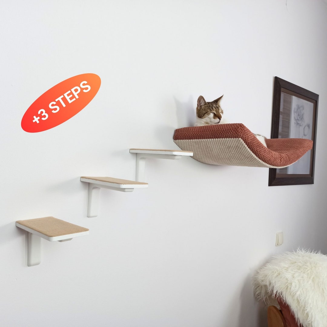 Bundle Cat Wall Shelf and 3 Cat Wall Steps, Cat Bed Wall With Washable ...