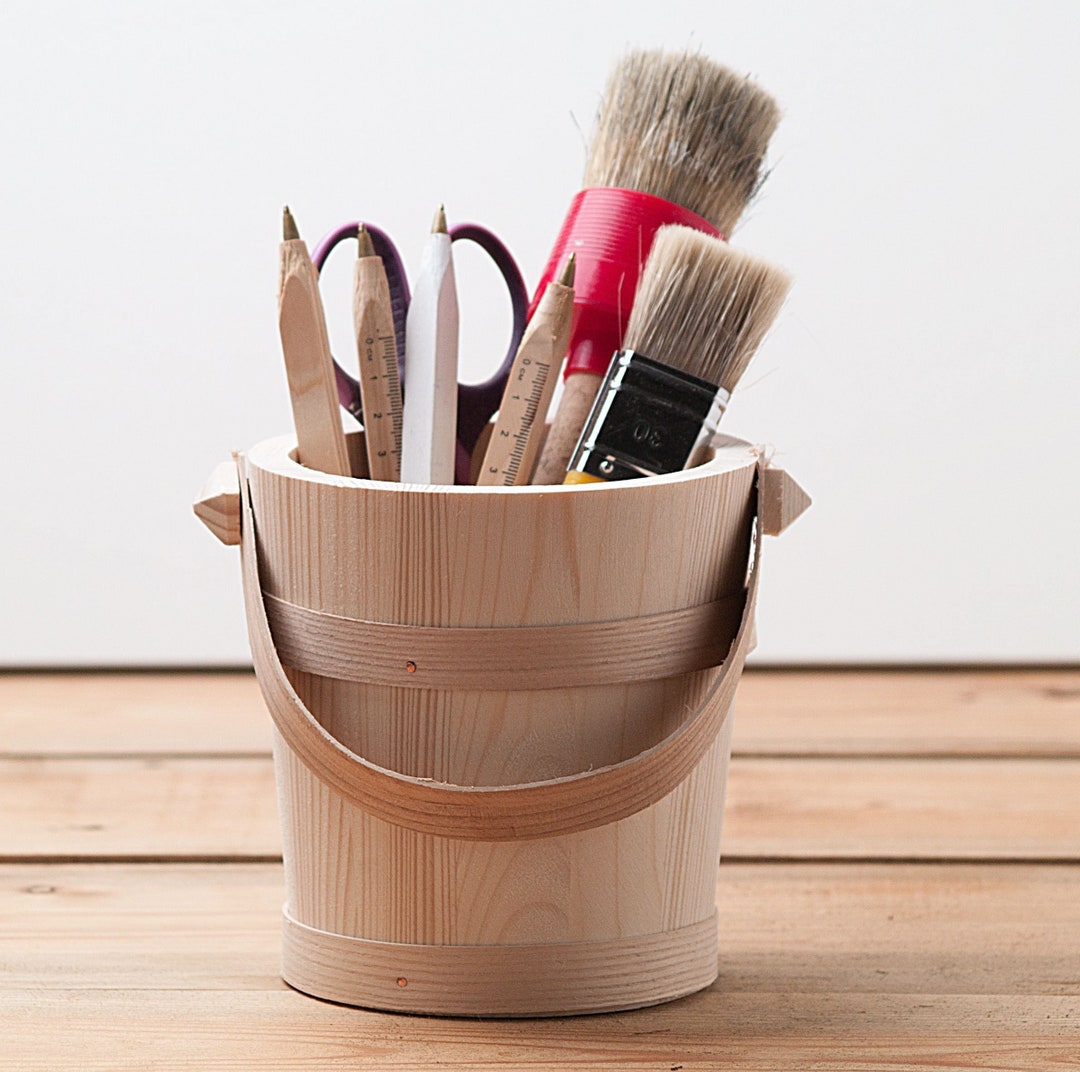 Wooden Bucket for Storing Paint Brushes, Make up Brushes, Pen Holder ...