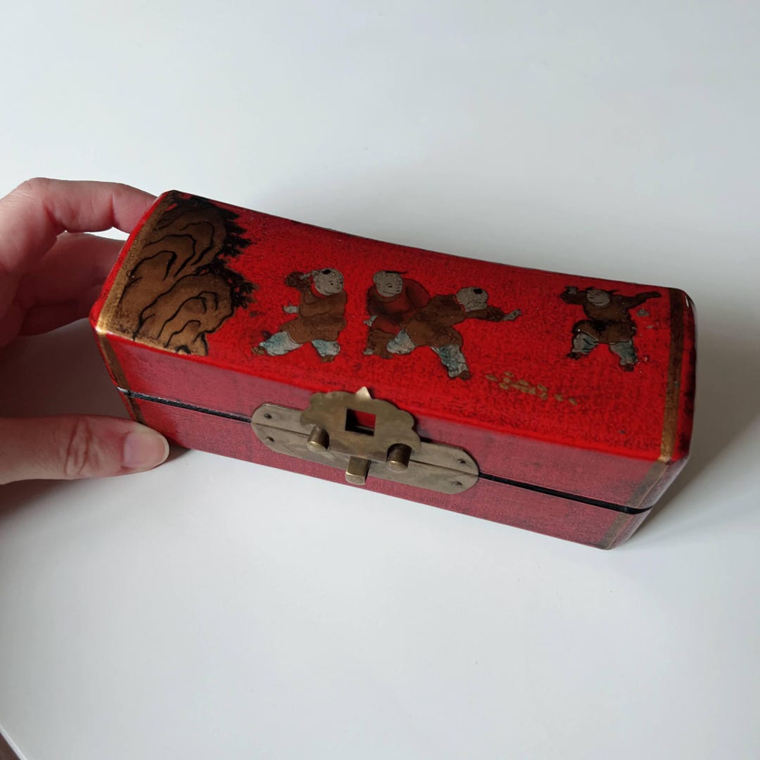 Vintage Chinese Wooden Leather Box Gold Painted Lacquer Brass Latch - Etsy