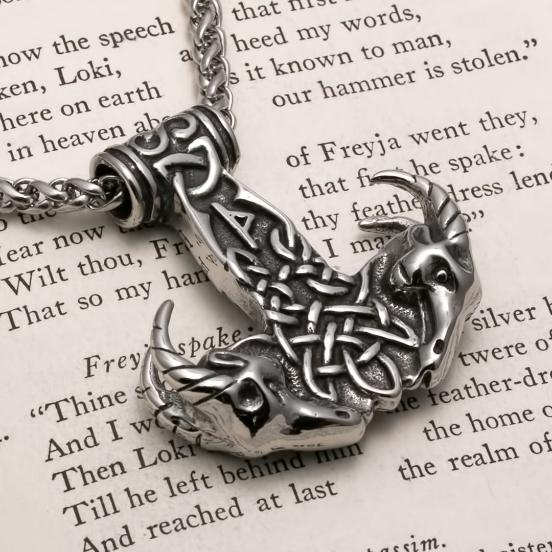 Viking Mjolnir Thor's Hammer Goat Head Stainless Steel Pendant Necklace ...