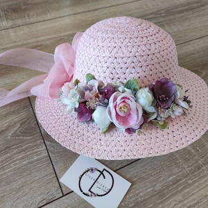 Flower Tea Party Hat Girls, Pink Easter Floral Straw Hat, Summer Bow ...