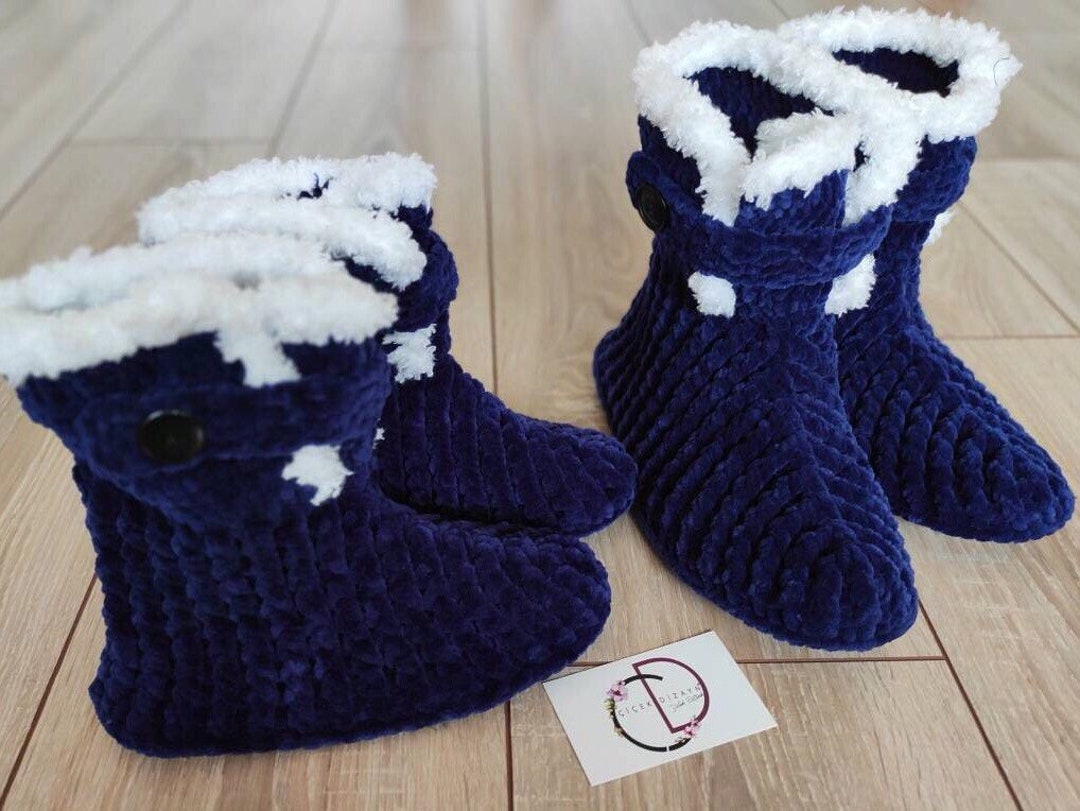 Velvet Crochet Booties: Navy Blue Knit House Slippers - Etsy