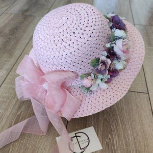 Flower Tea Party Hat Girls, Pink Easter Floral Straw Hat, Summer Bow ...
